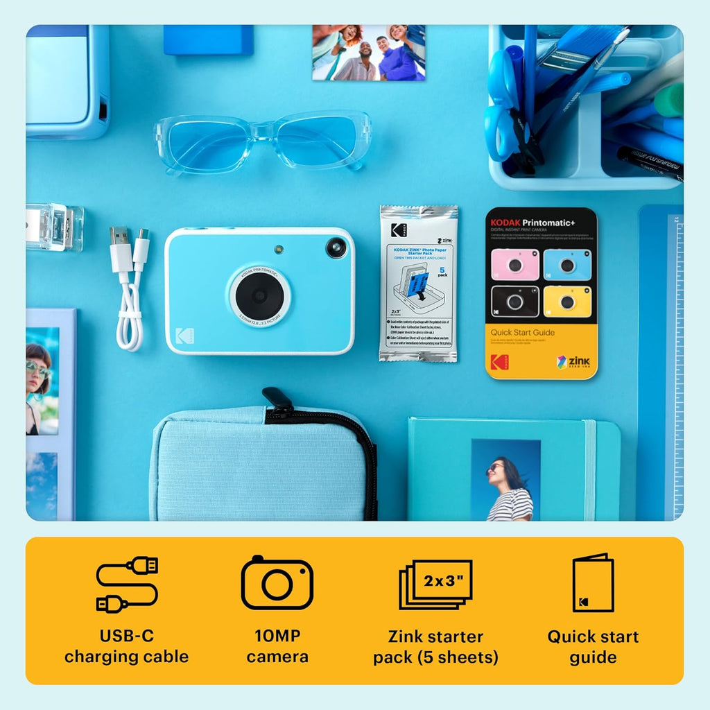 KODAK Printomatic+ Instant Print Camera (Blue) 10MP, RGB LED, Zink Ph ...